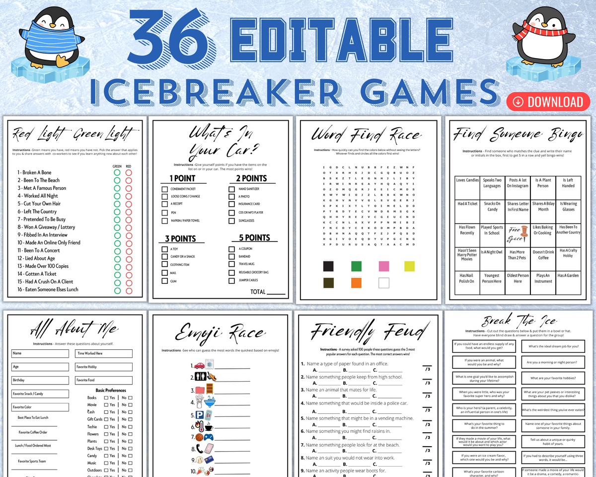 Printable Icebreaker Games | Social Group Activities Editable Template ...