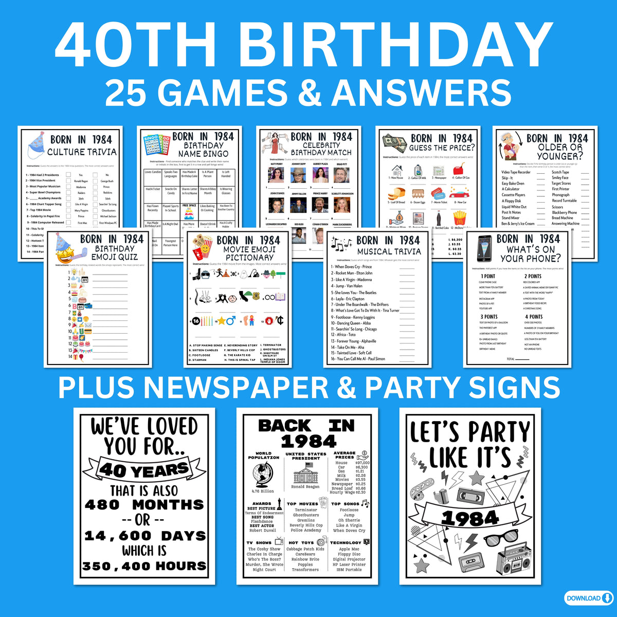40th Birthday Printable Games Bundle | Born in 1984 Party Idea | 40th ...