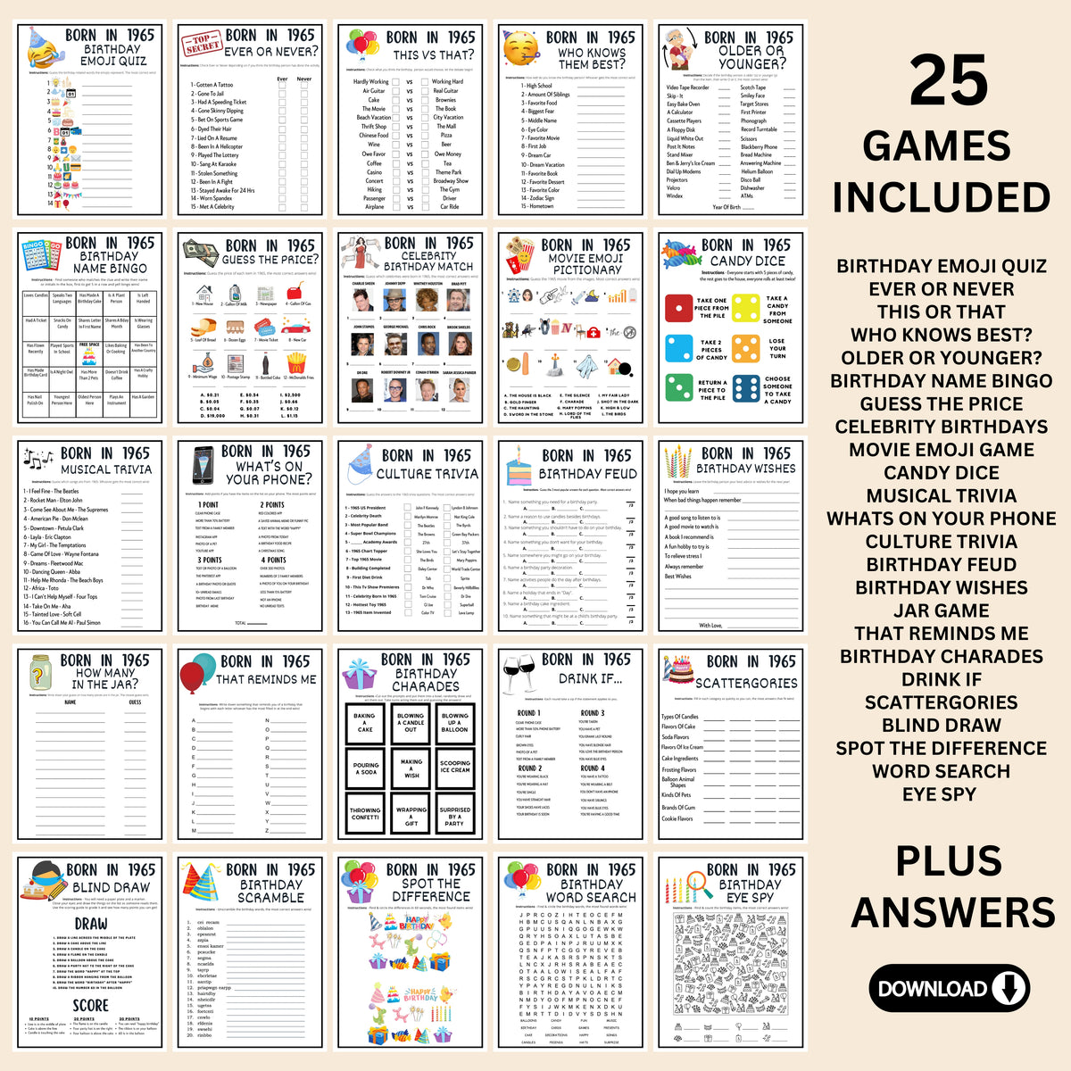 60th Birthday Printable Games Bundle | Born in 1965 Party Idea | 60th ...