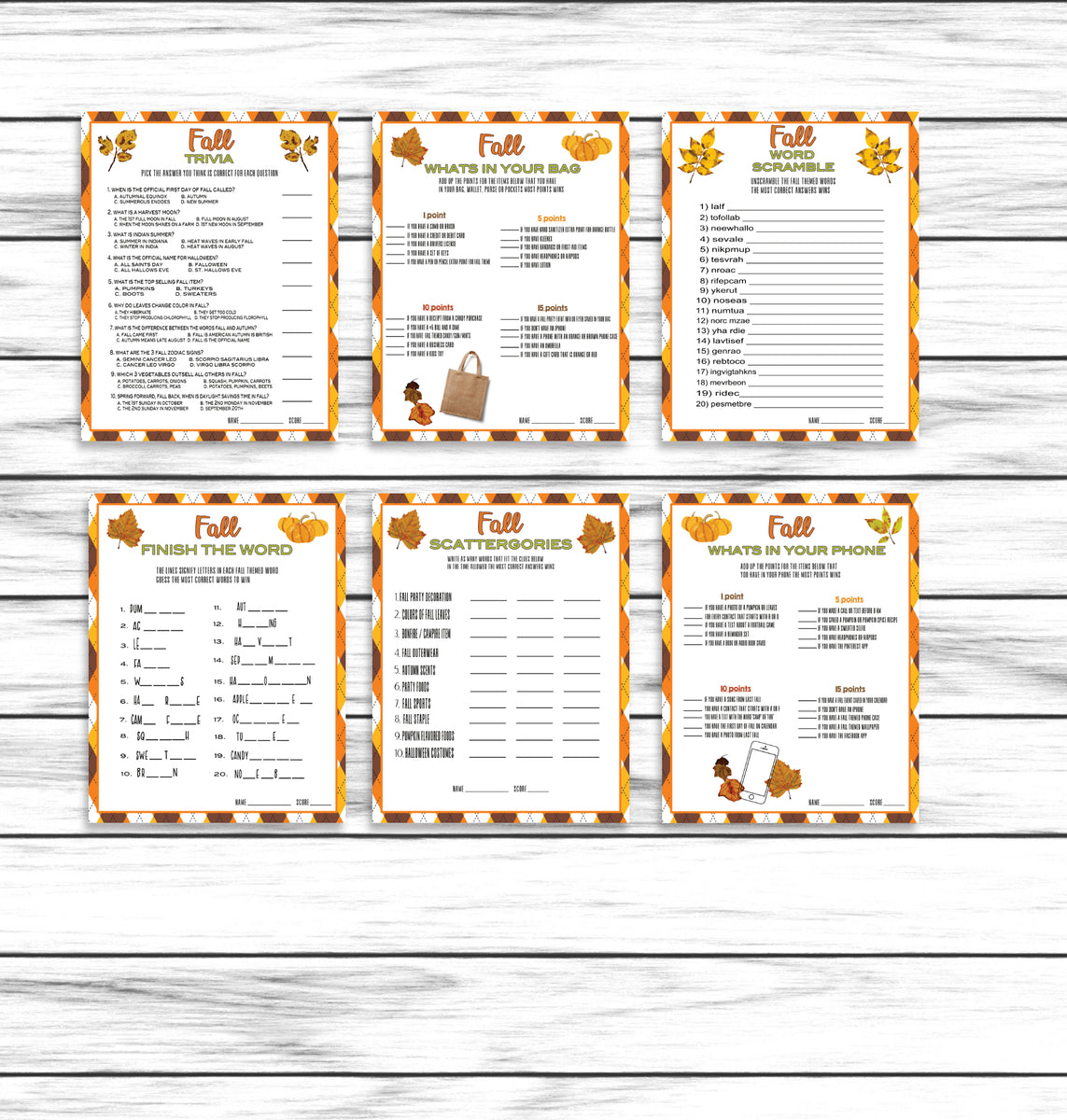 Fall Autumn Party Printable Game Bundle Adults Kids Activity Sheets, C ...