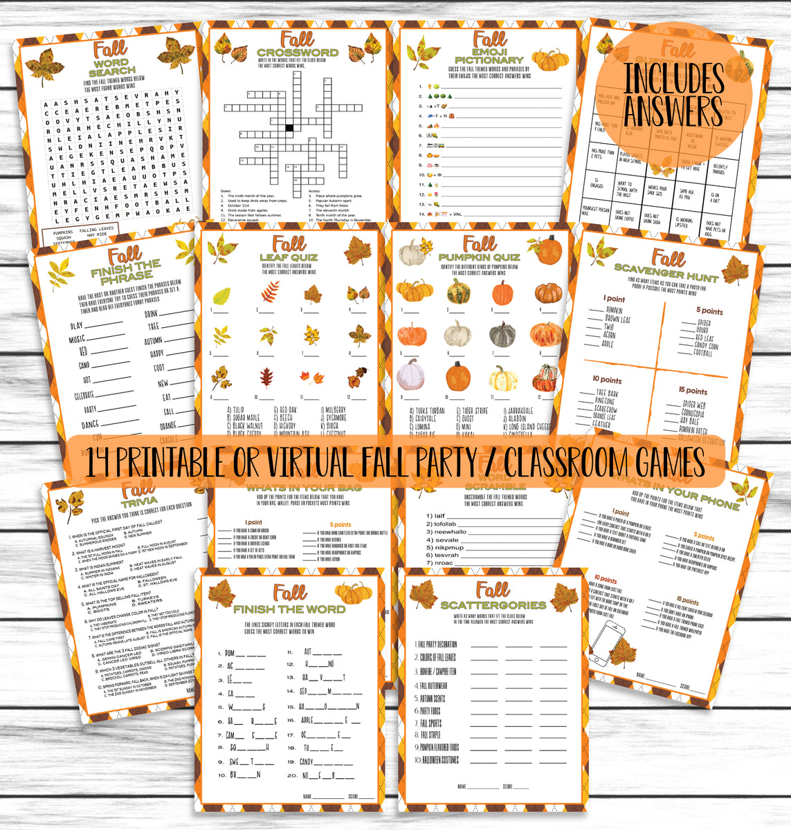 Fall Autumn Party Printable Game Bundle Adults Kids Activity Sheets, C ...