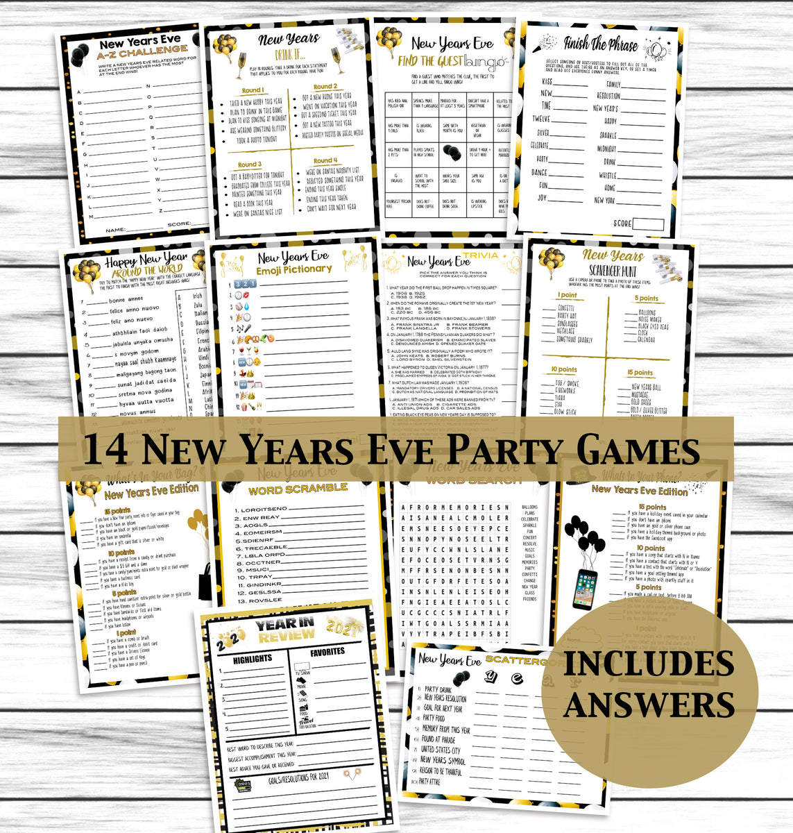 New Years Party Family 14 Game Set, Printable or Virtual Kids Adults A ...