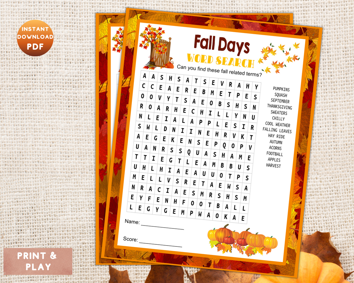 Fall Party Autumn Word Search Game, Printable Kids Activity Sheet, Ins ...