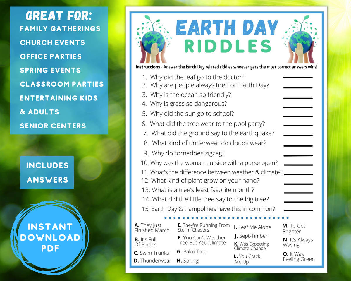 Printable Earth Day Fun Riddle Game | Classroom Work Seniors Activity ...