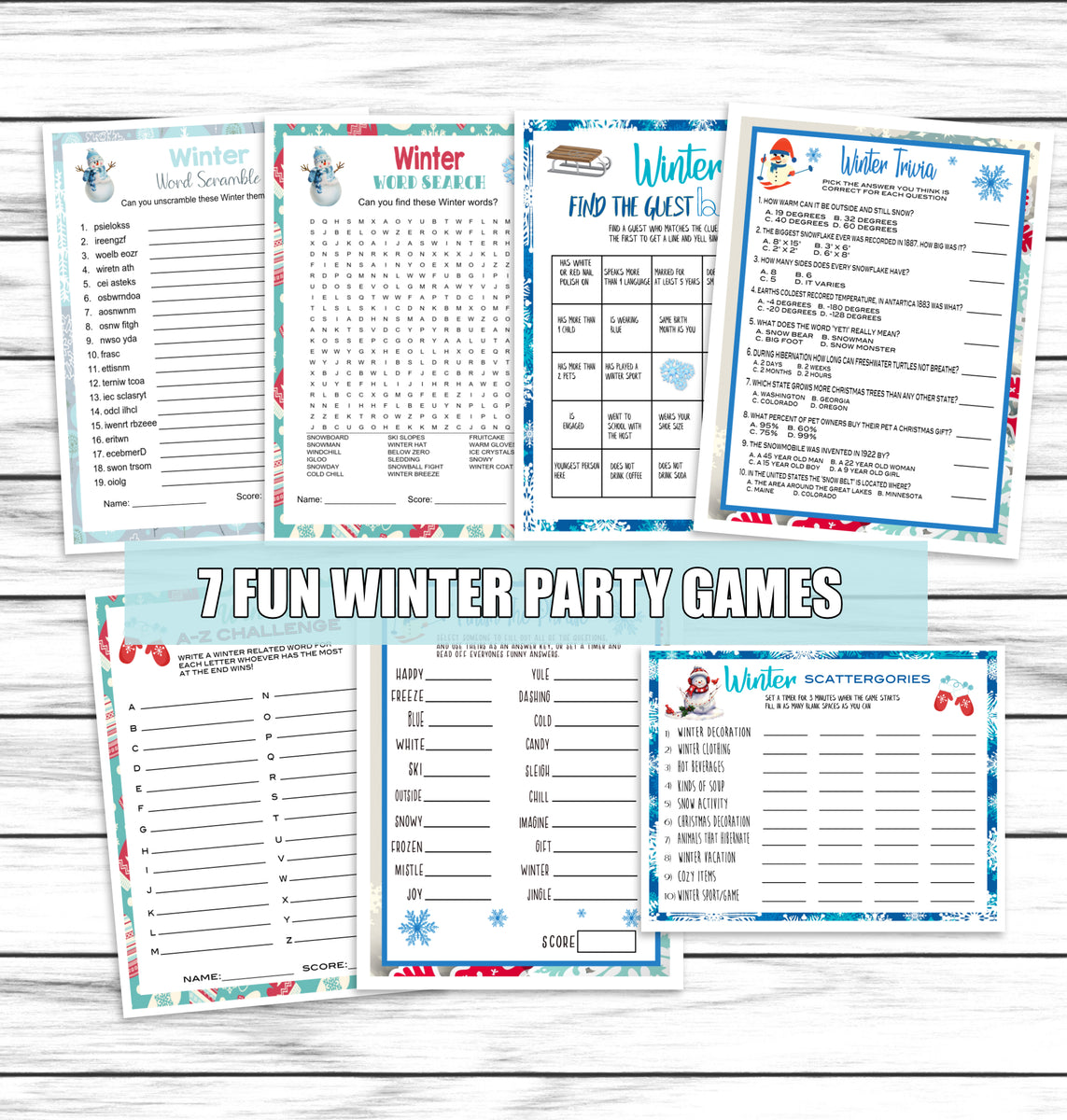 Winter Holiday Party Family Game Set, Printable or Virtual Kids Adults ...