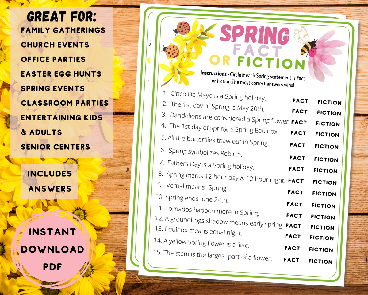 Spring Fact Or Fiction Printable Game | Kids Adults Fun Trivia Activit ...