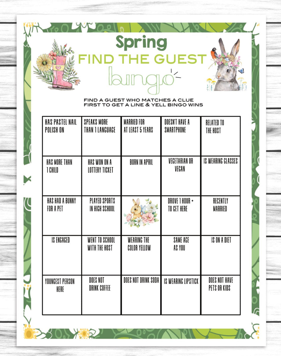 Spring Party Find The Guest Bingo Game, Kids Or Adults Spring Icebreak ...