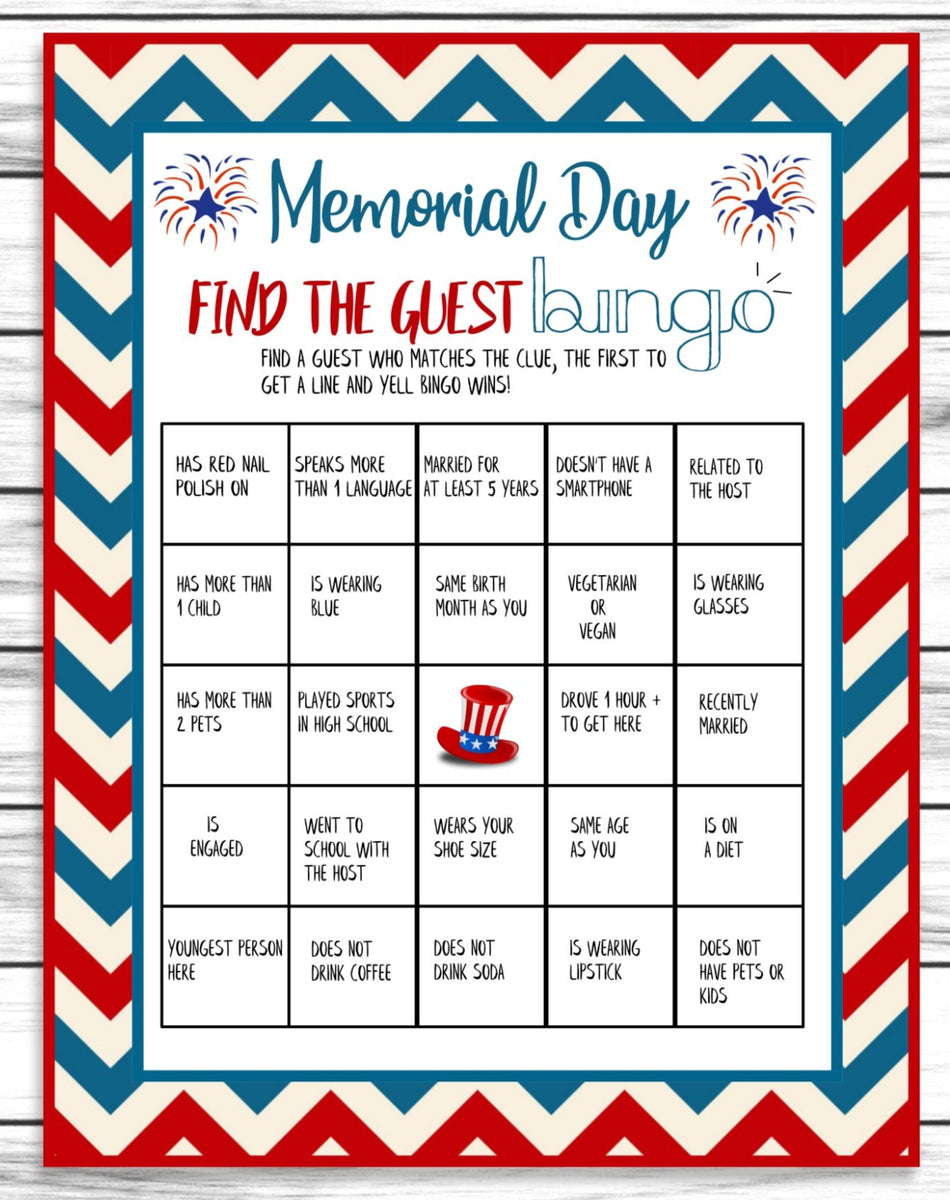Memorial Day Find The Guest Bingo Game, Printable Icebreaker Party Act ...