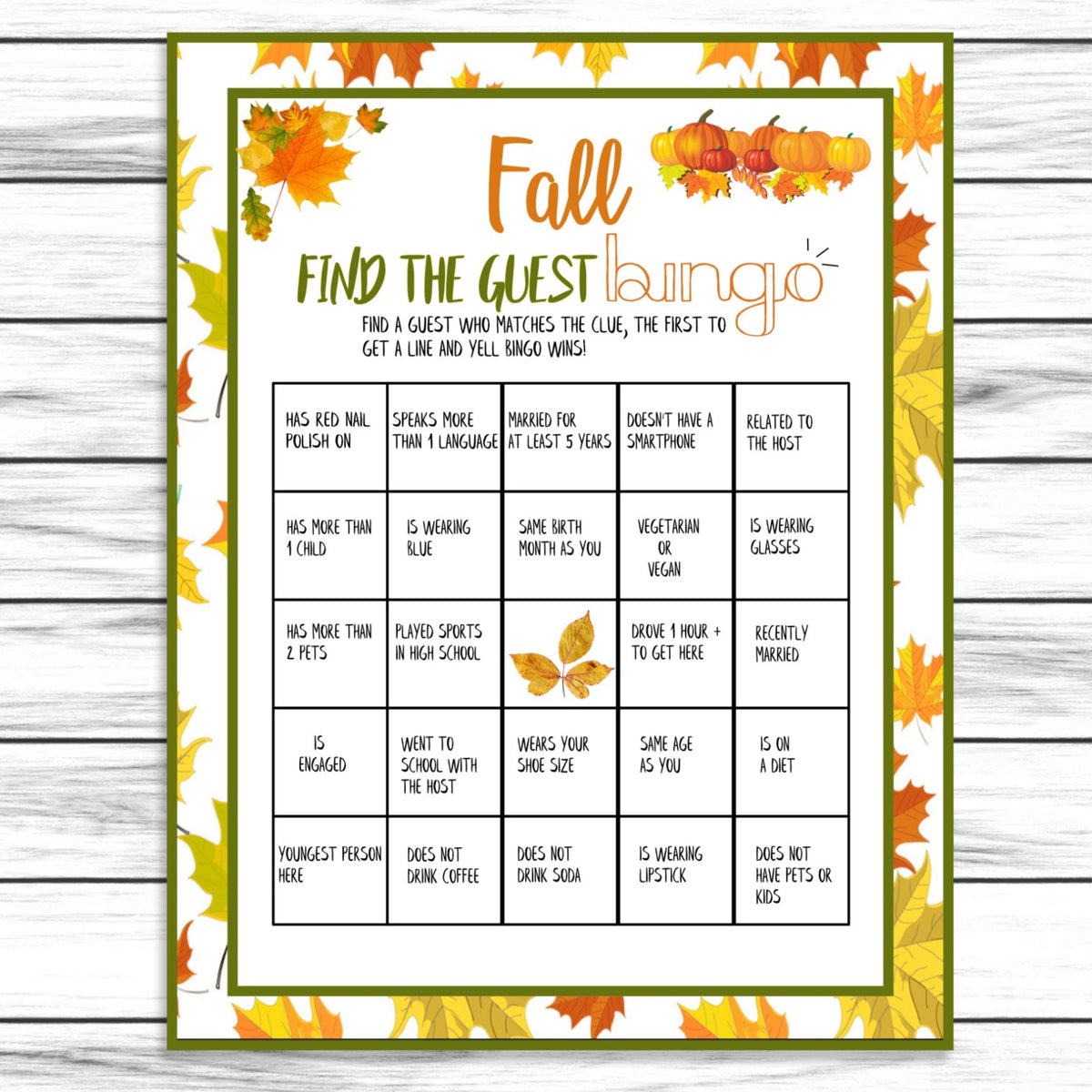 Fall Autumn Party Find The Guest Bingo Game, Printable Party Ice break ...