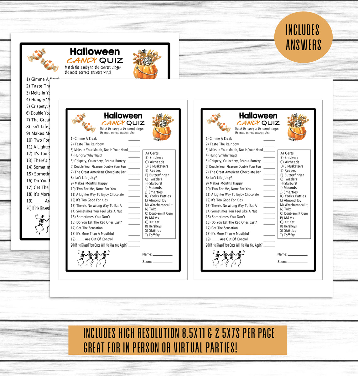 Halloween Candy Quiz Costume Party Match Game, Printable Or Virtual Ki ...