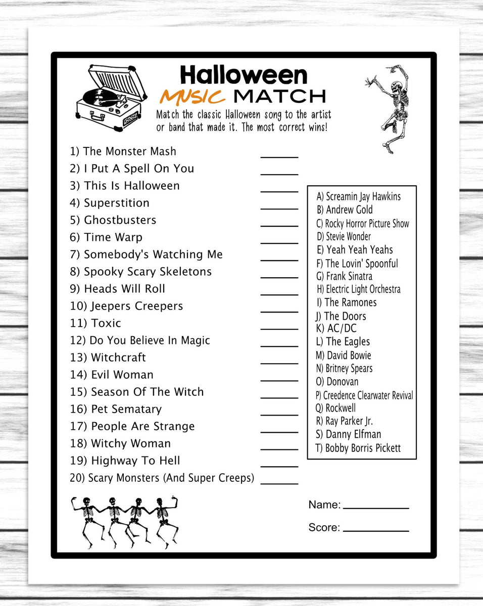 Halloween Music Quiz Costume Party Match Game, Printable Or Virtual Ki ...