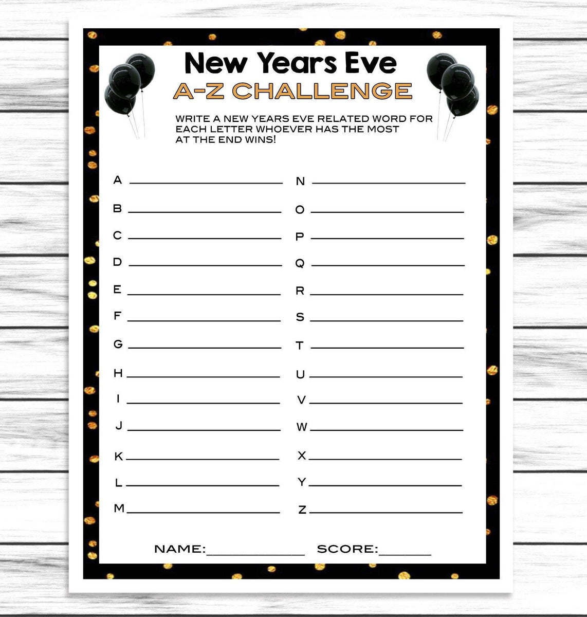 New Years A-Z Race Game, Printable Or Virtual Holiday Party Game For K ...