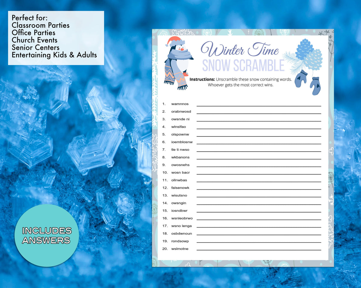 Snow Word Scramble Winter Party Game, For Adults Kids, Classroom, Offi ...