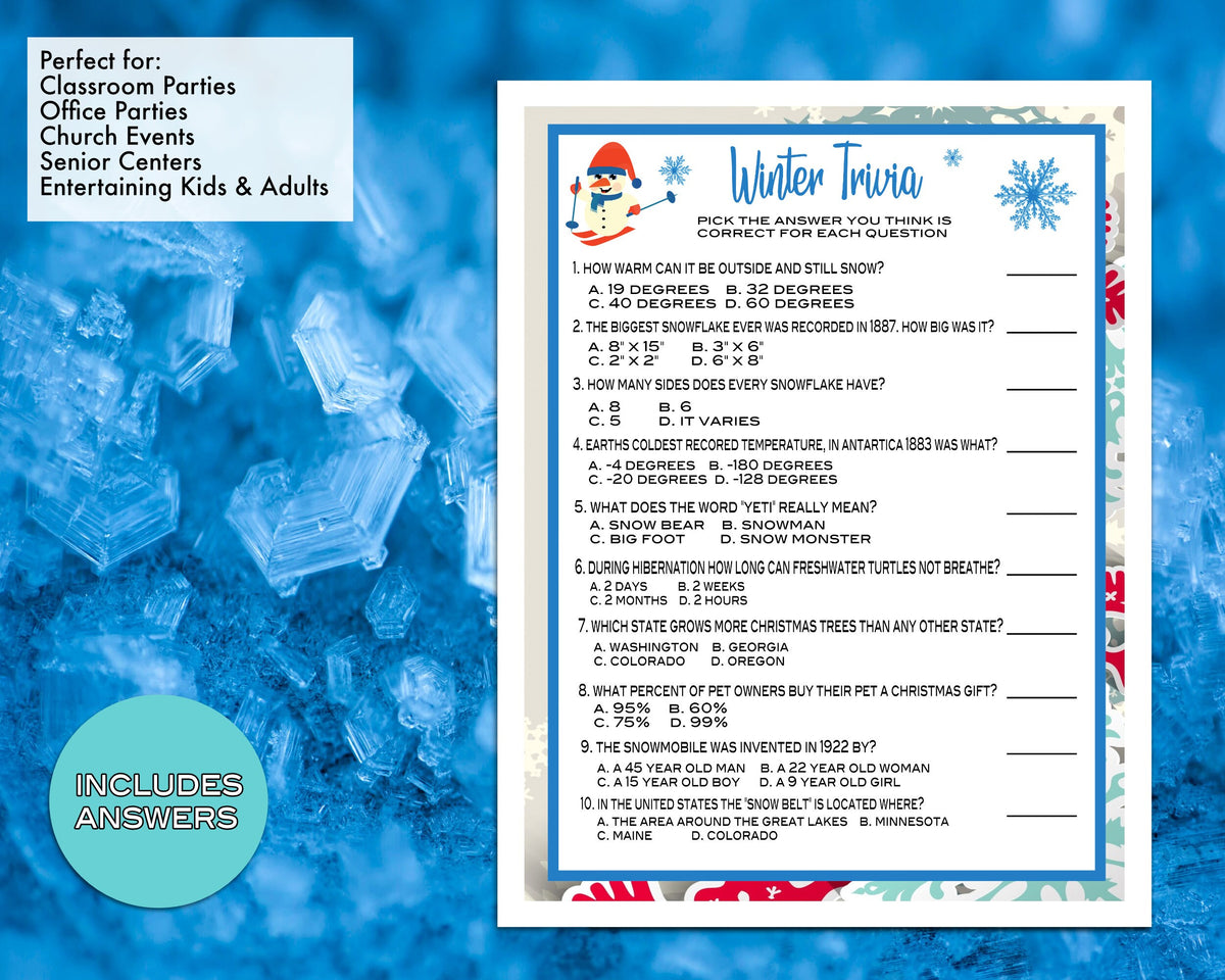 Winter Trivia Party Game, For Adults Kids, Classroom, Office, Winter P ...