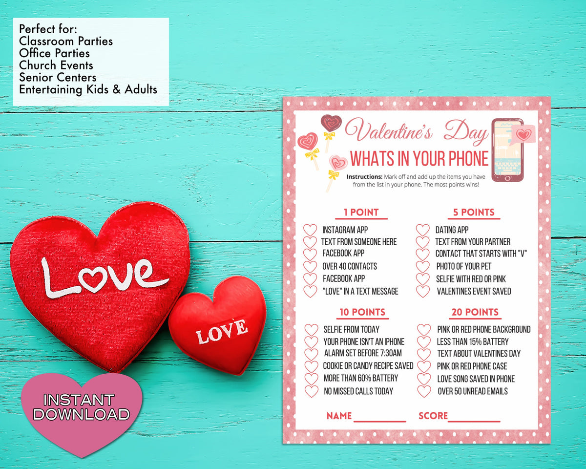 Valentines Whats In Your Phone Game -Classroom Office Valentines Day P ...