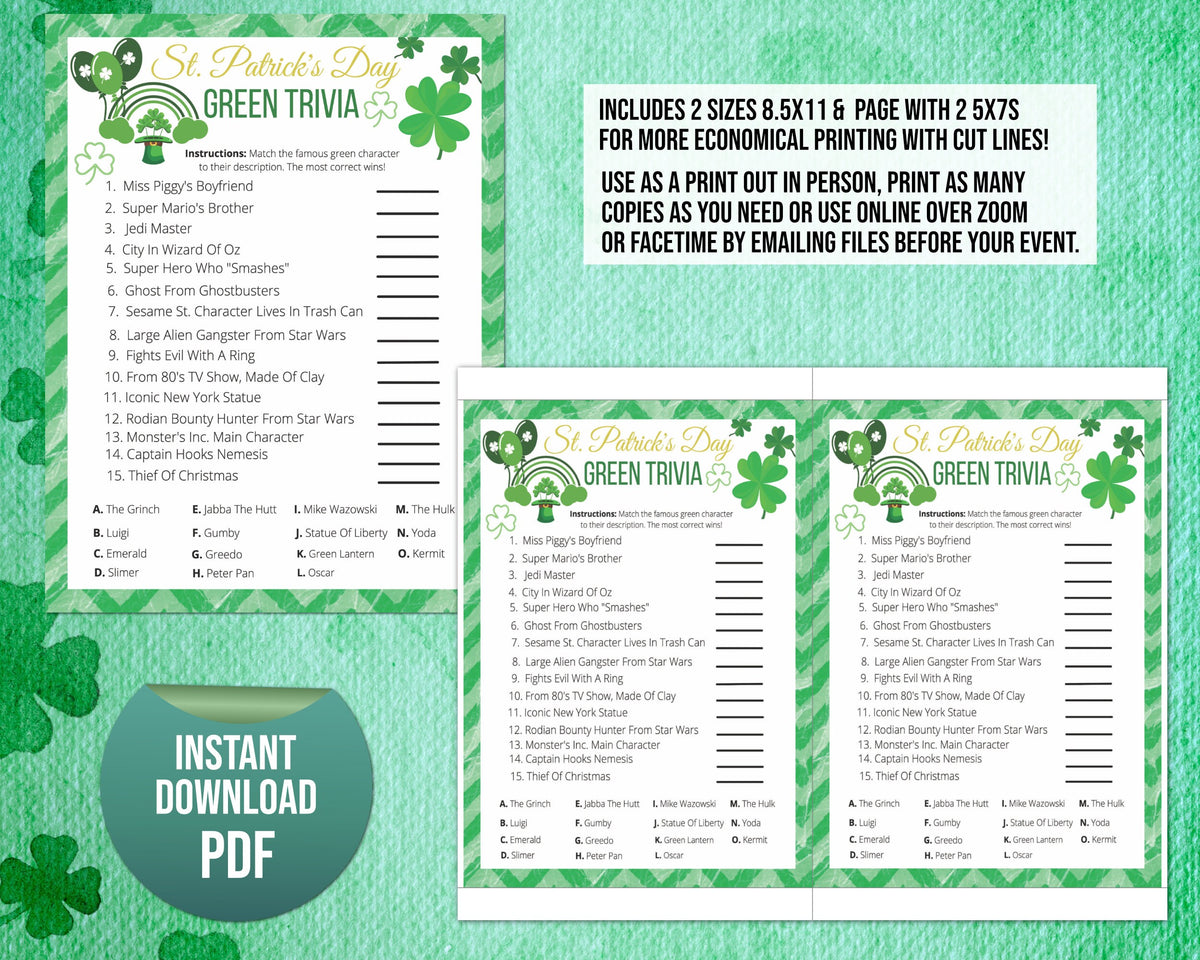 St Patricks Day Green Trivia Game, Printable Virtual Family Activity ...