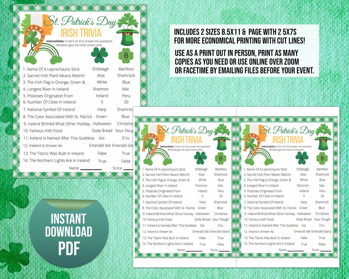 Printable St Patricks Day Irish Trivia Game, Irish Quiz, St Paddys Off ...