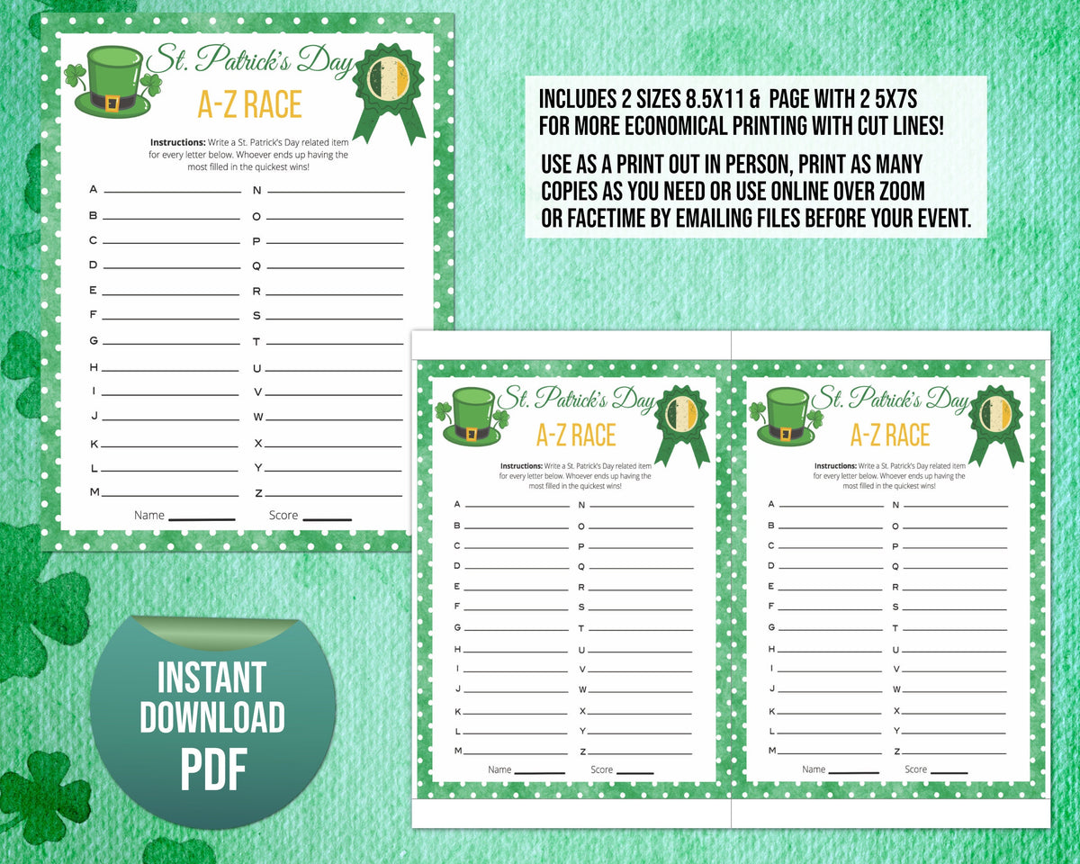 A-Z Word Race St Patricks Day Game, Saint Pattys Party Game, Printable ...