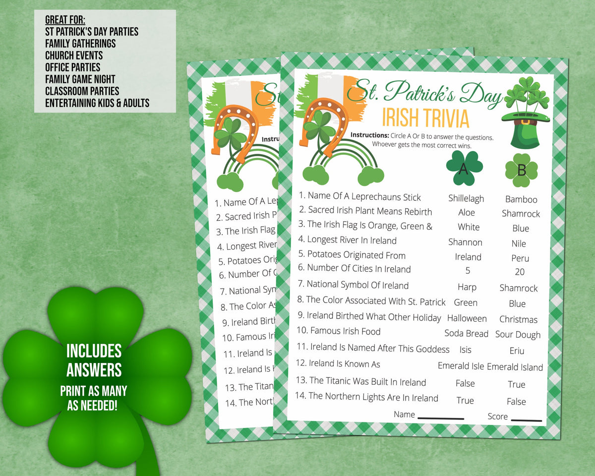 Printable St Patricks Day Irish Trivia Game, Irish Quiz, St Paddys Off ...