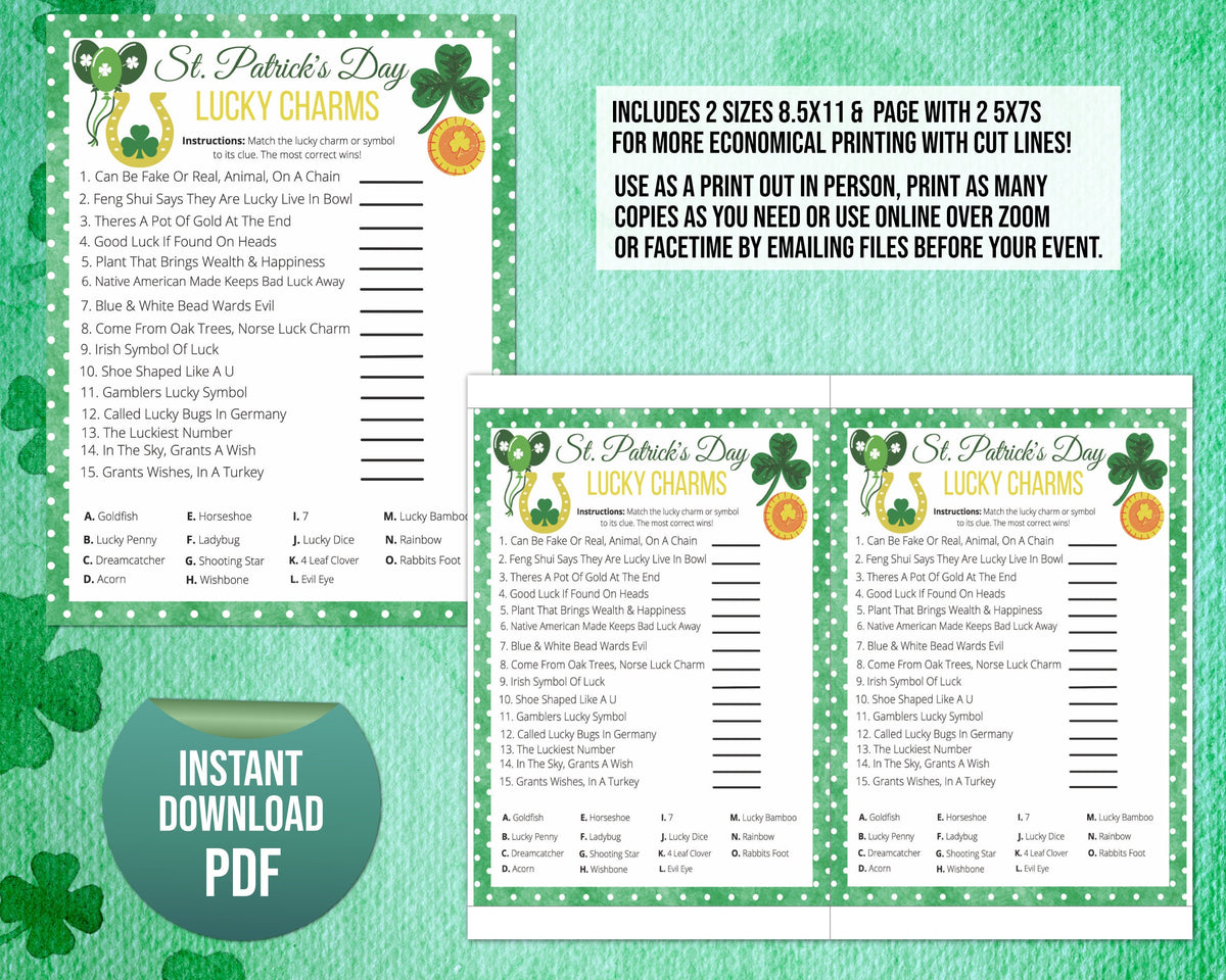 Printable St Patricks Day Lucky Charm Game, Irish Quiz, St Paddys Offi ...