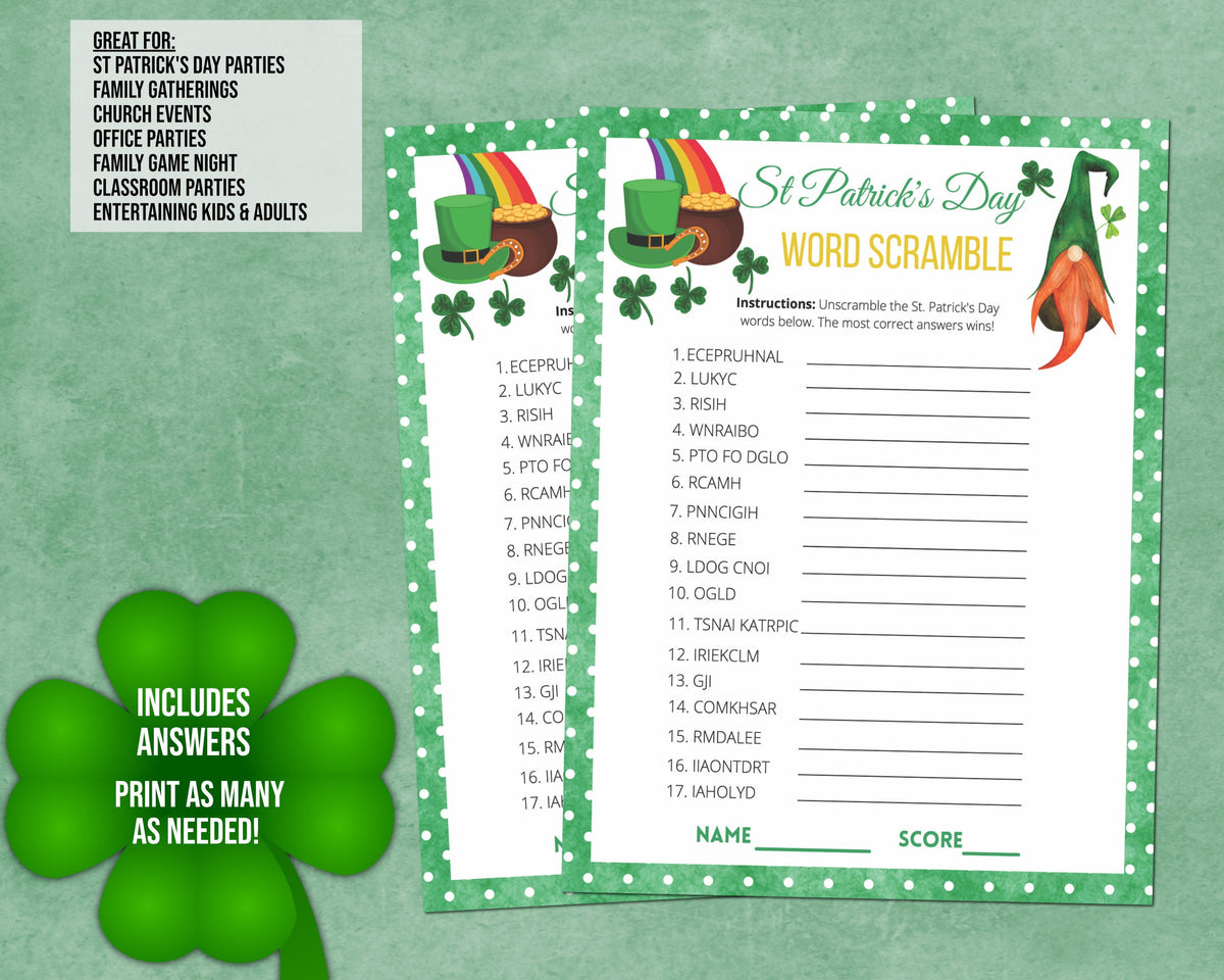 St Patricks Day Printable Word Scramble, St Paddys Office Classroom Ac ...