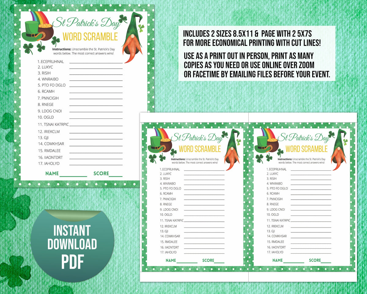 St Patricks Day Printable Word Scramble, St Paddys Office Classroom Ac ...
