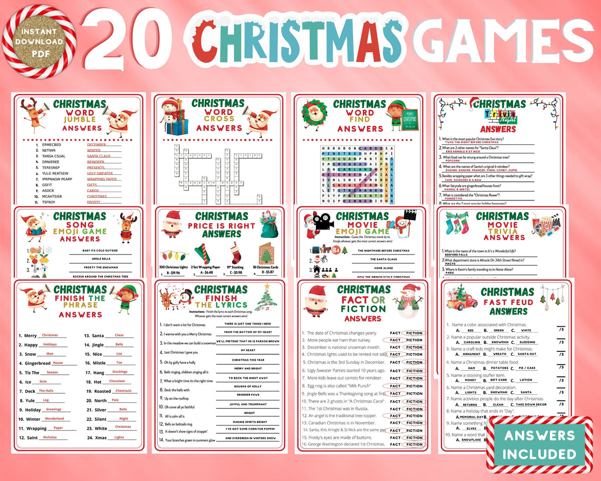 Christmas 20 Game Set, Holiday Activity Bundle, Xmas Party Kit, Kids A ...