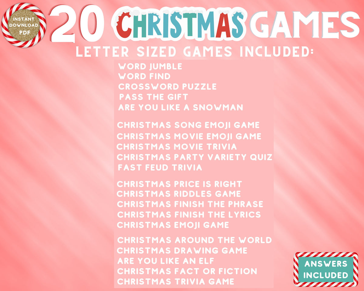 Christmas 20 Game Set, Holiday Activity Bundle, Xmas Party Kit, Kids A ...