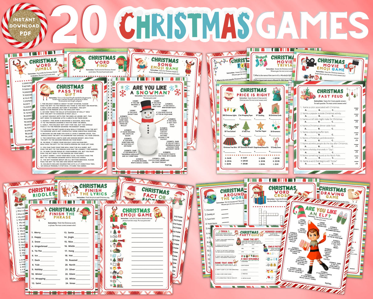 Christmas 20 Game Set, Holiday Activity Bundle, Xmas Party Kit, Kids A ...
