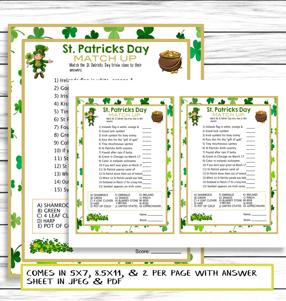 Saint Patricks Day Matching Trivia Game, St Patricks Day Party Game, Q ...