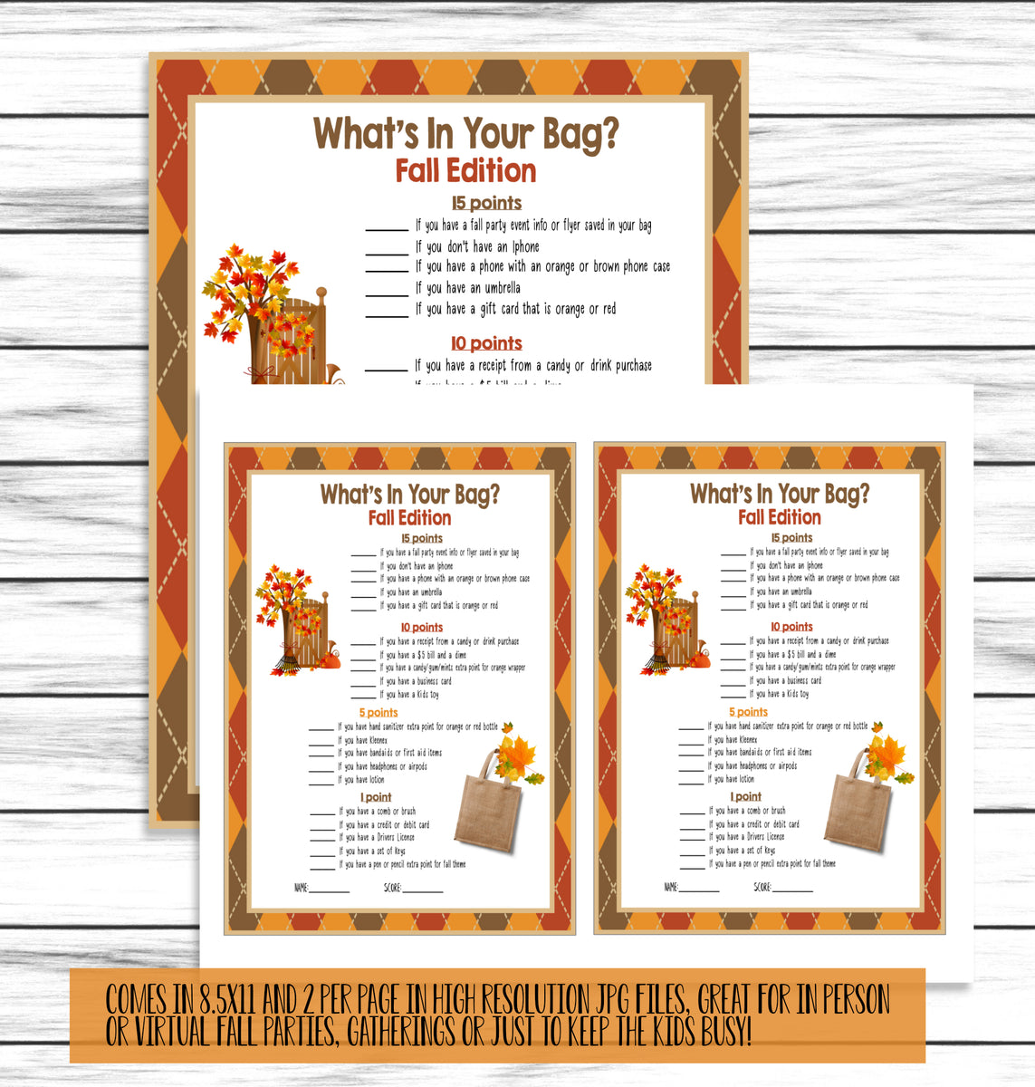 Fall Autumn Party Gathering Whats in Your Bag, Purse Game, Printable A ...