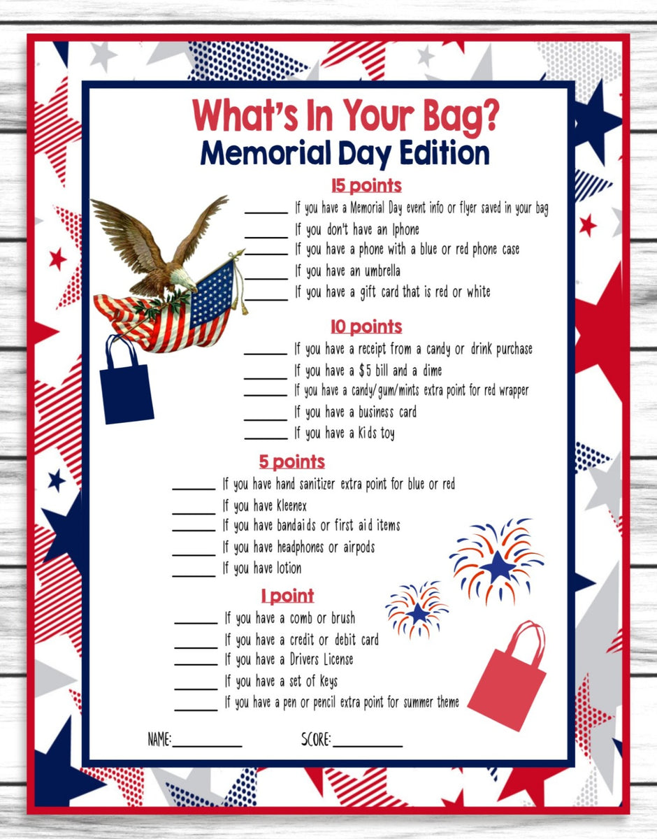 Memorial Day Whats In Your Bag Game, Printable Teens Adults Party Acti ...