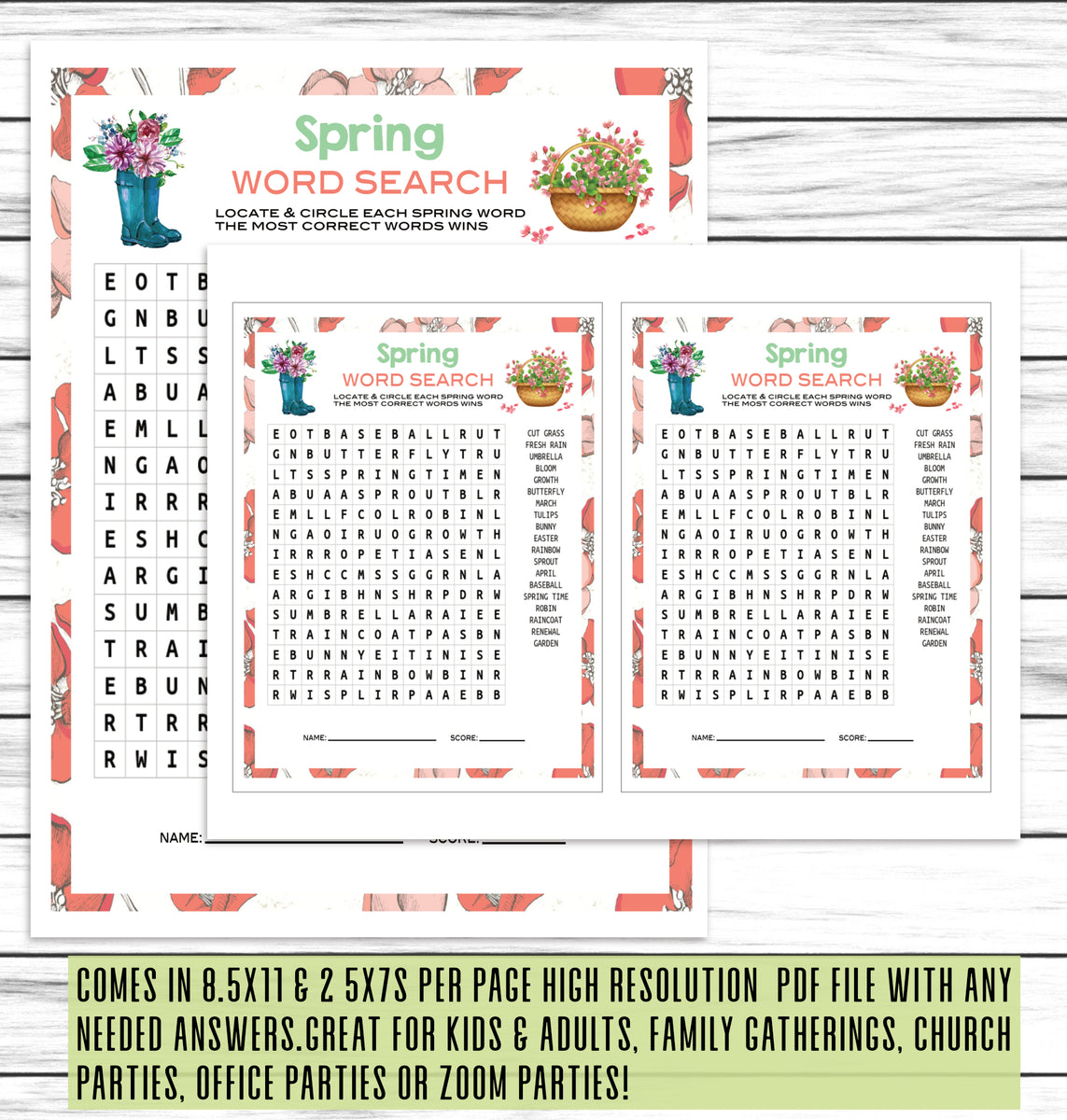 Spring Party Word Search Find Puzzle, Kids Or Adults Spring Printable ...