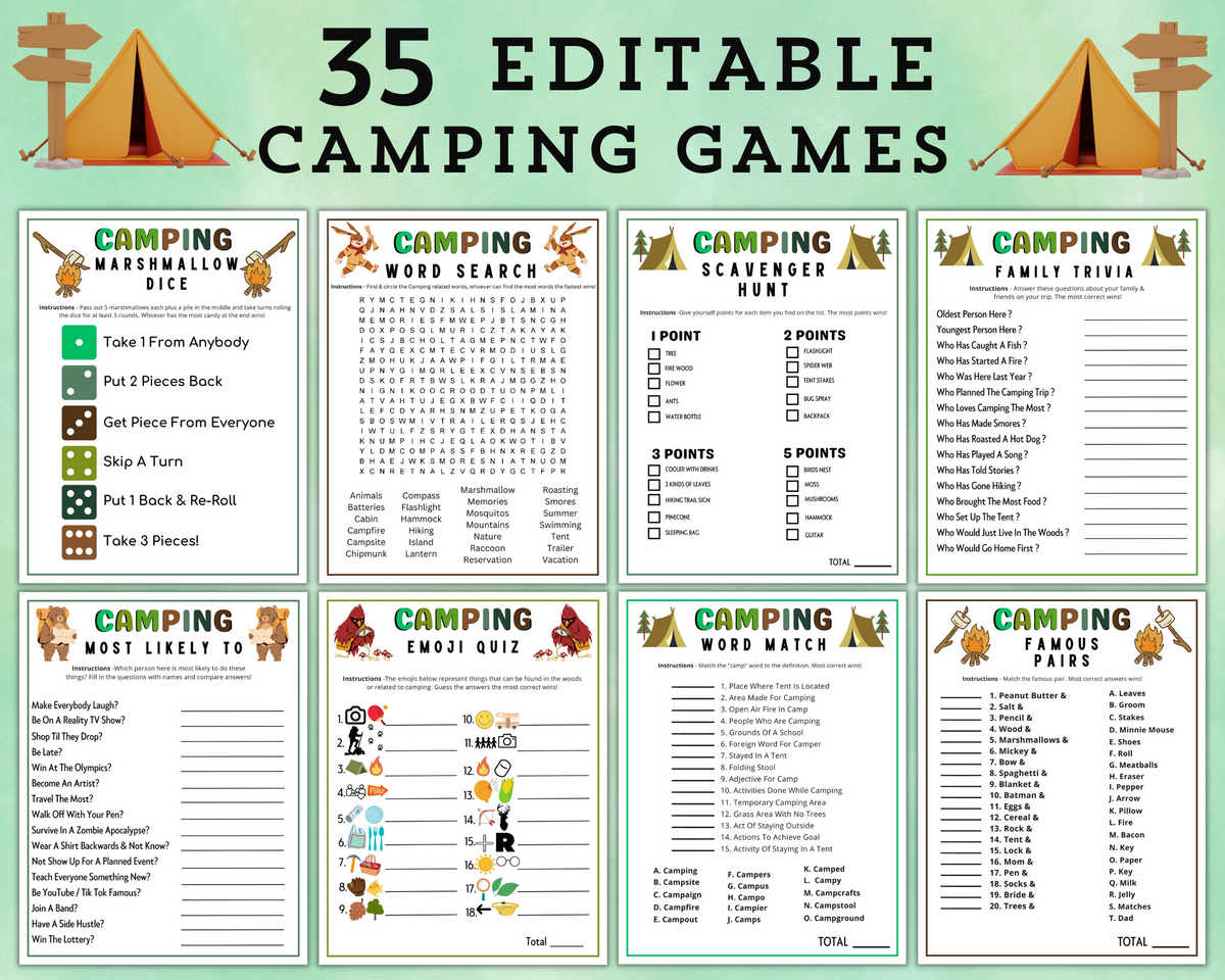 Printable Editable Camping Games Bundle For Kids & Adults | Family Cam ...