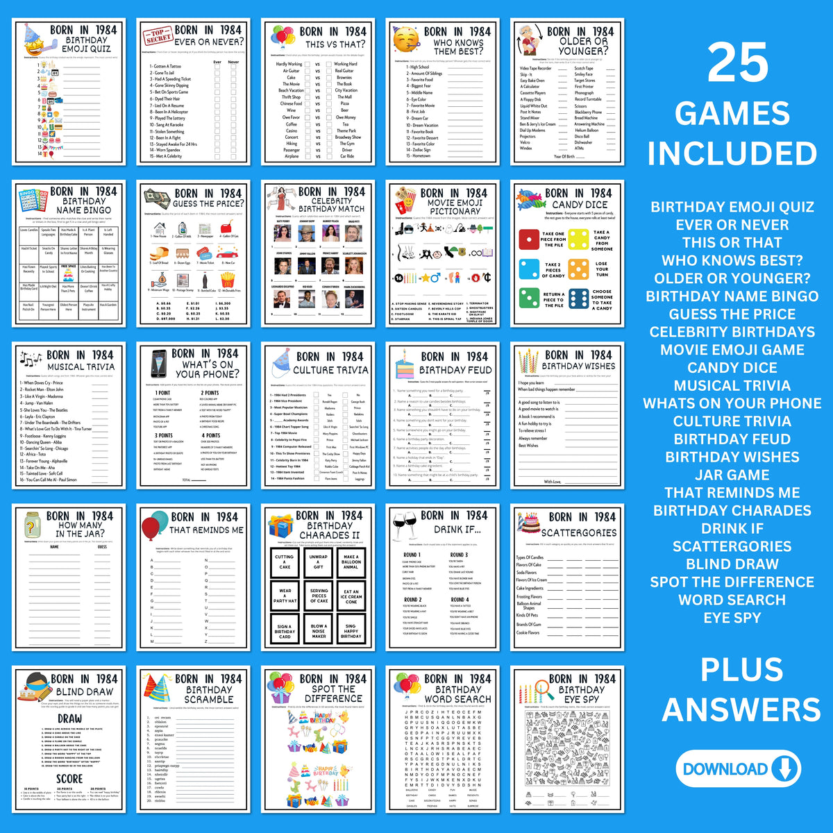 40th Birthday Printable Games Bundle | Born in 1984 Party Idea | 40th ...