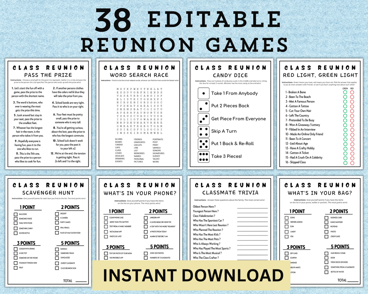 Printable Class Reunion Games | Editable Reunion Template Activities B ...