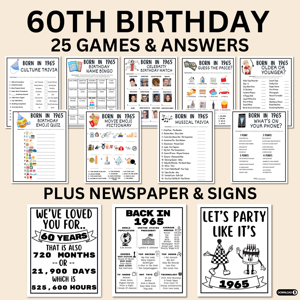 60th Birthday Printable Games Bundle | Born in 1965 Party Idea | 60th ...