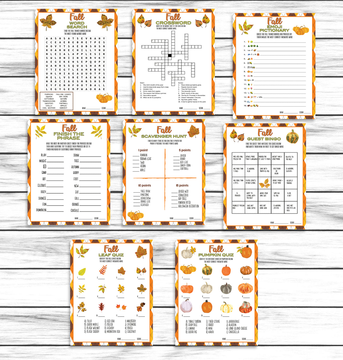 Fall Autumn Party Printable Game Bundle Adults Kids Activity Sheets, C ...