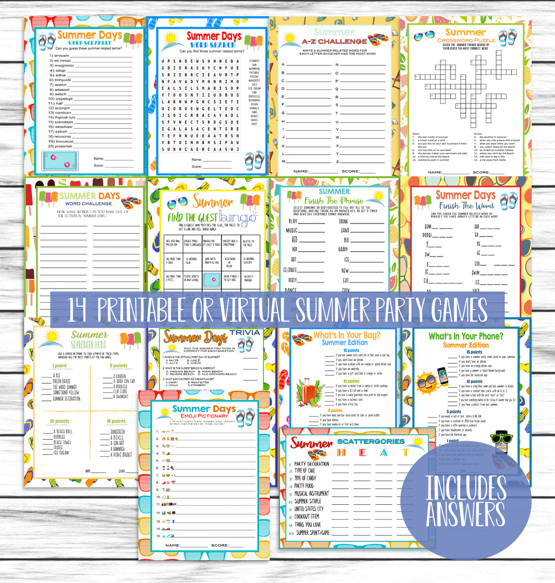 Summer Party Family Reunion Game Bundle, Printable Or Virtual Kids & A ...