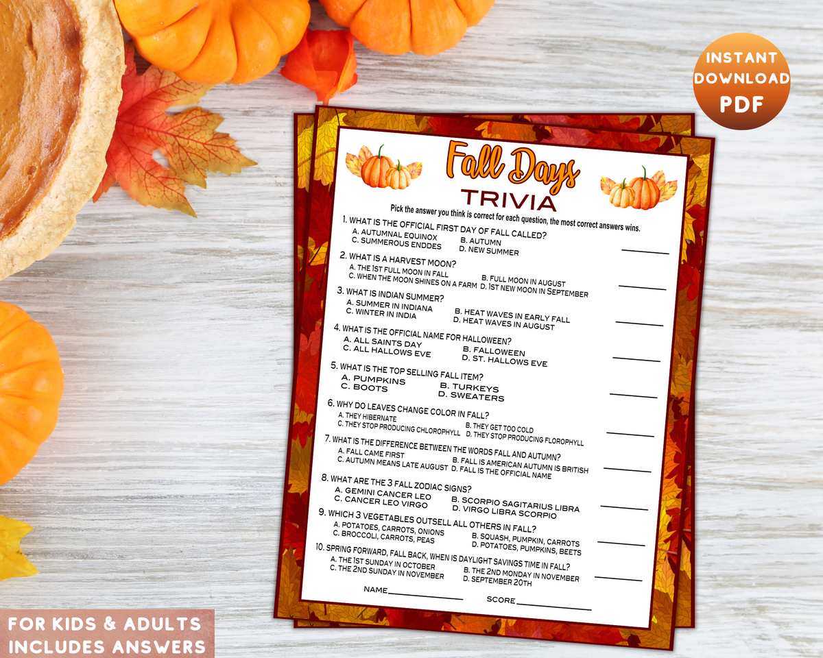 Fall Autumn Party Trivia Game, Printable or Virtual Kids Activity Shee ...