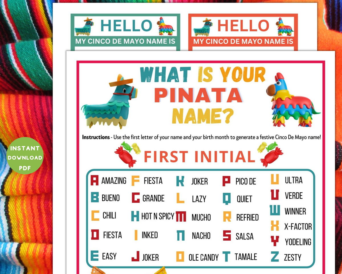Printable Cinco De Mayo Whats Your Piñata Name Tag Game | Fun Quiz For ...
