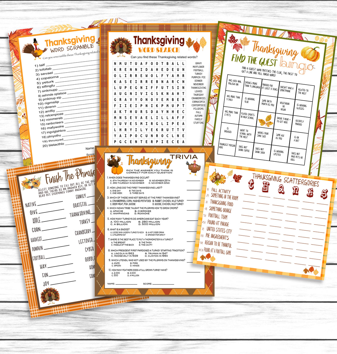 Thanksgiving Friendsgiving Party Family Game Set, Printable Kids Adult ...