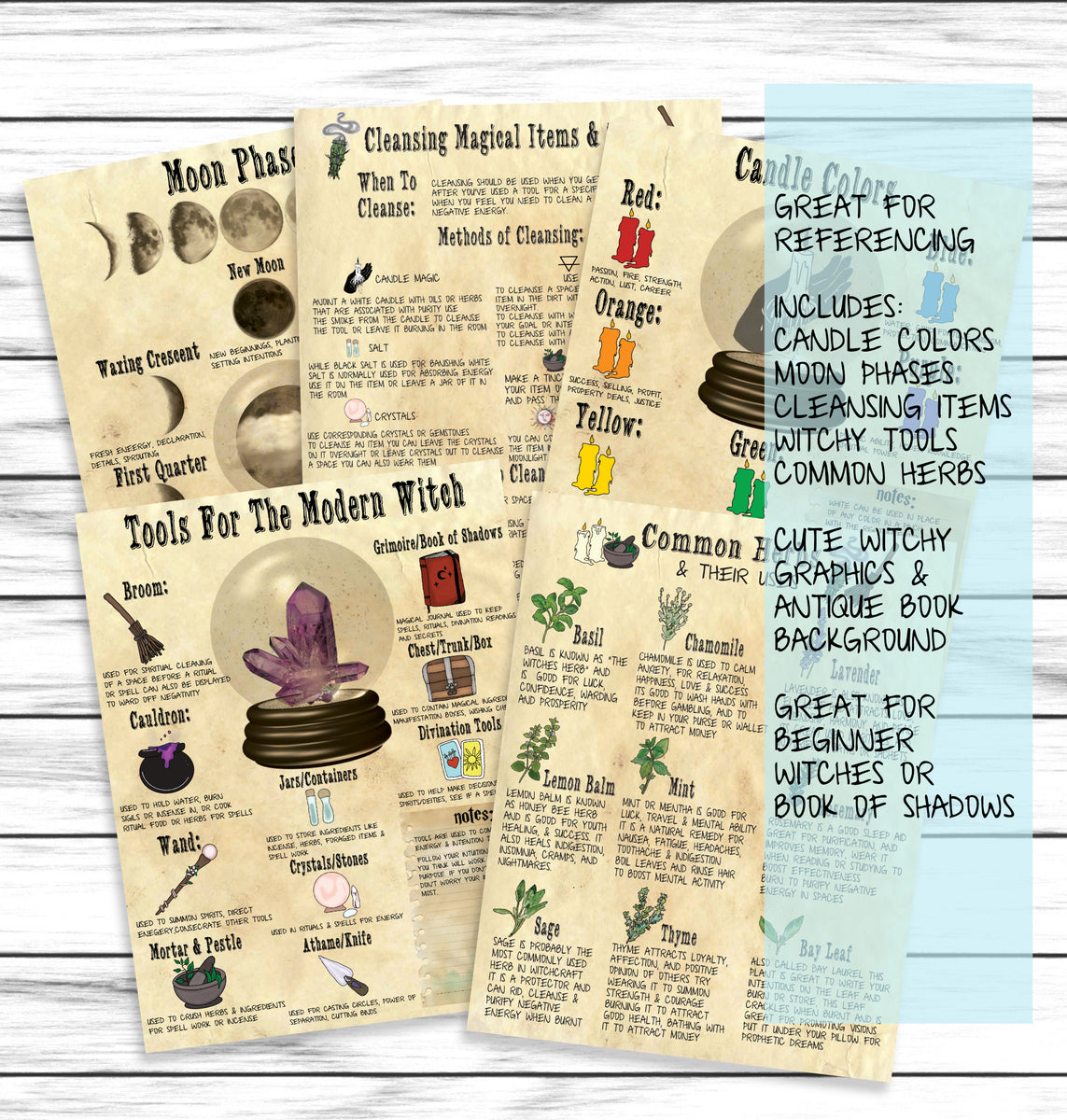 Printable Book Of Shadows Grimoire Pages, Moon Phases, Herbs, Candle M ...