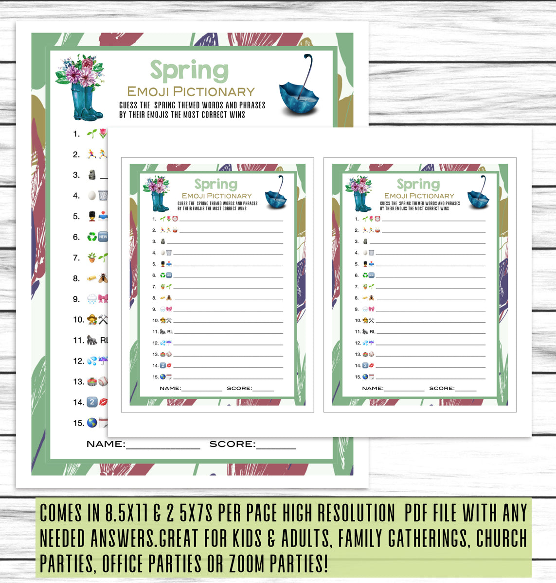 Spring Party Emoji Pictionary, Kids Or Adults Spring Printable Or Virt ...