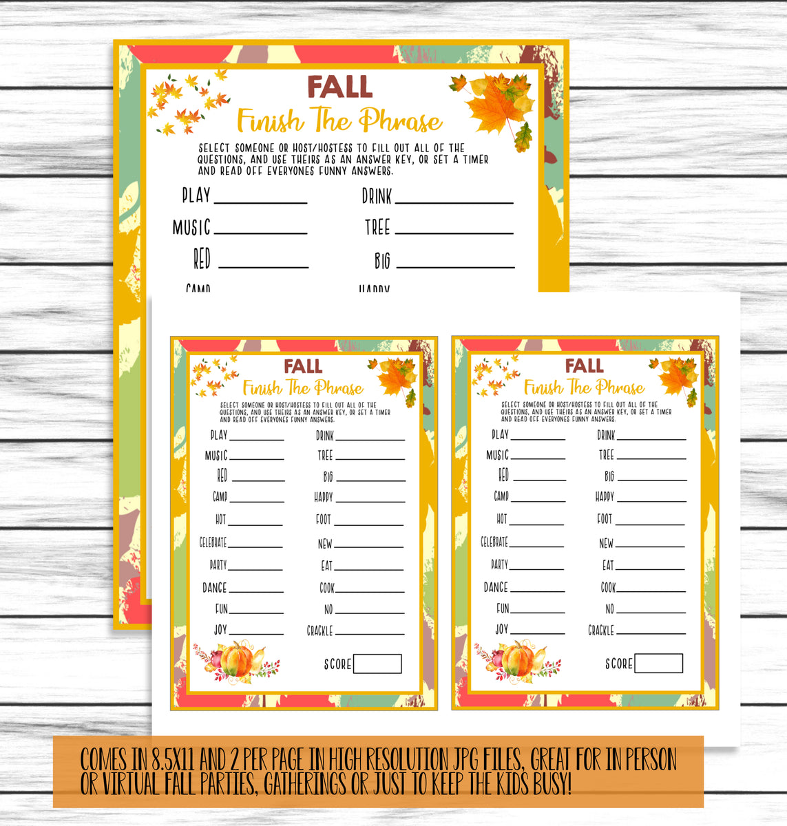 Fall Party Printable or Virtual Instant Download Game, Finish The Phra ...