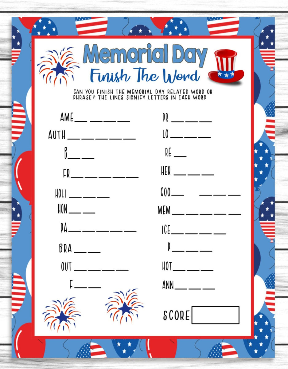 Memorial Day Finish The Word Game, Printable Kids Activity Sheet, Inst ...