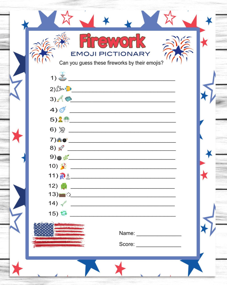 July 4th Independence Day Party Fireworks Emoji Pictionary Game, Print ...