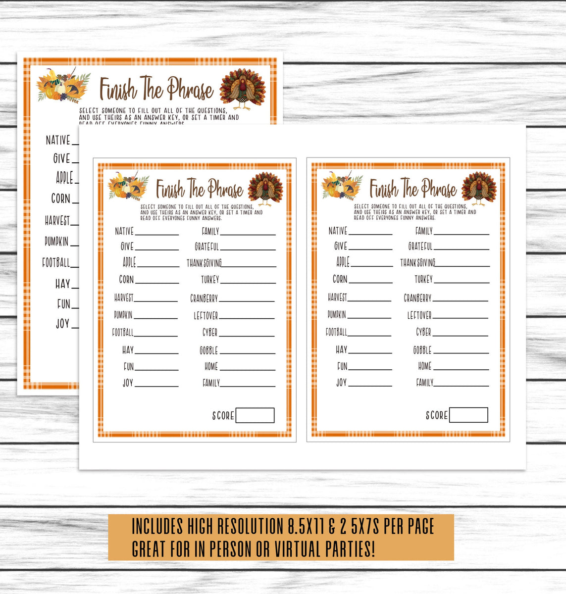 Thanksgiving Finish The Phrase Word Game, Printable Or Virtual Turkey ...