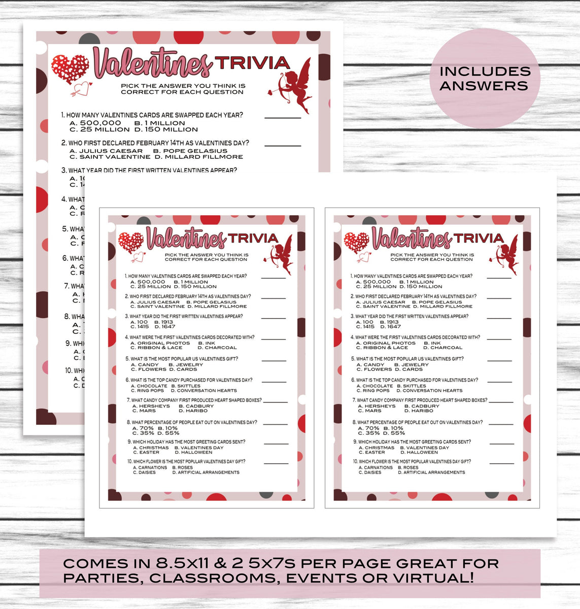 Valentines Day Trivia Game, Virtual Or Printable V-Day Classroom Offic ...