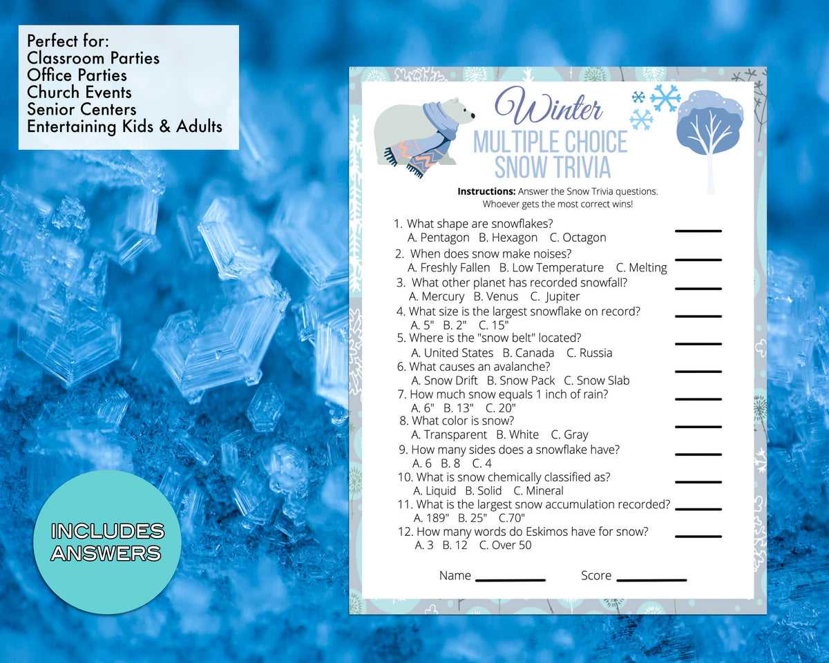 Snow Trivia Winter Party Game, For Adults Kids, Classroom, Office, Win ...